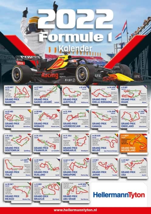 Formule1kalenders | Poster F1 kalender met starttijden en circuitinfo
