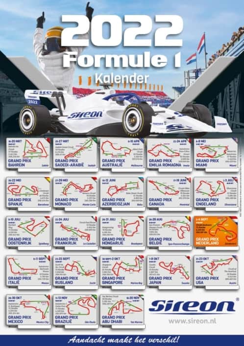Formule1kalenders | Poster F1 kalender met starttijden en circuitinfo