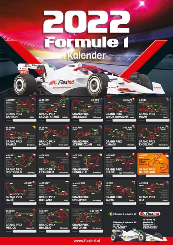 Formule1kalenders | Poster F1 kalender met starttijden en circuitinfo