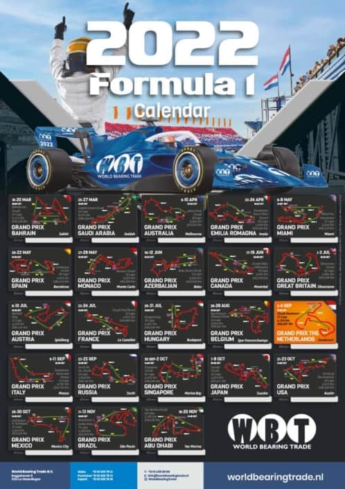 Formule1kalenders | Poster F1 kalender met starttijden en circuitinfo