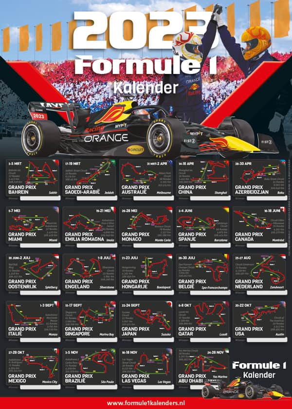 Formule 1 kalender | Poster F1 kalender met starttijden, circuitinfo