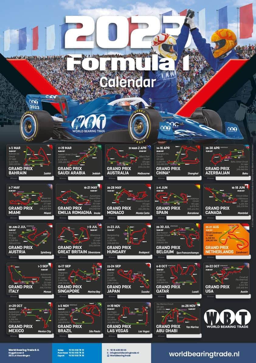 Formule 1 kalender | Poster F1 kalender met starttijden, circuitinfo