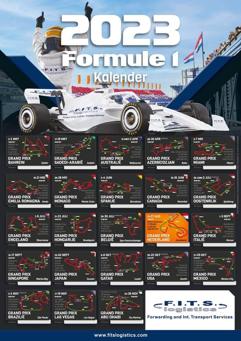 Formule 1 kalender | Poster F1 kalender met starttijden, circuitinfo