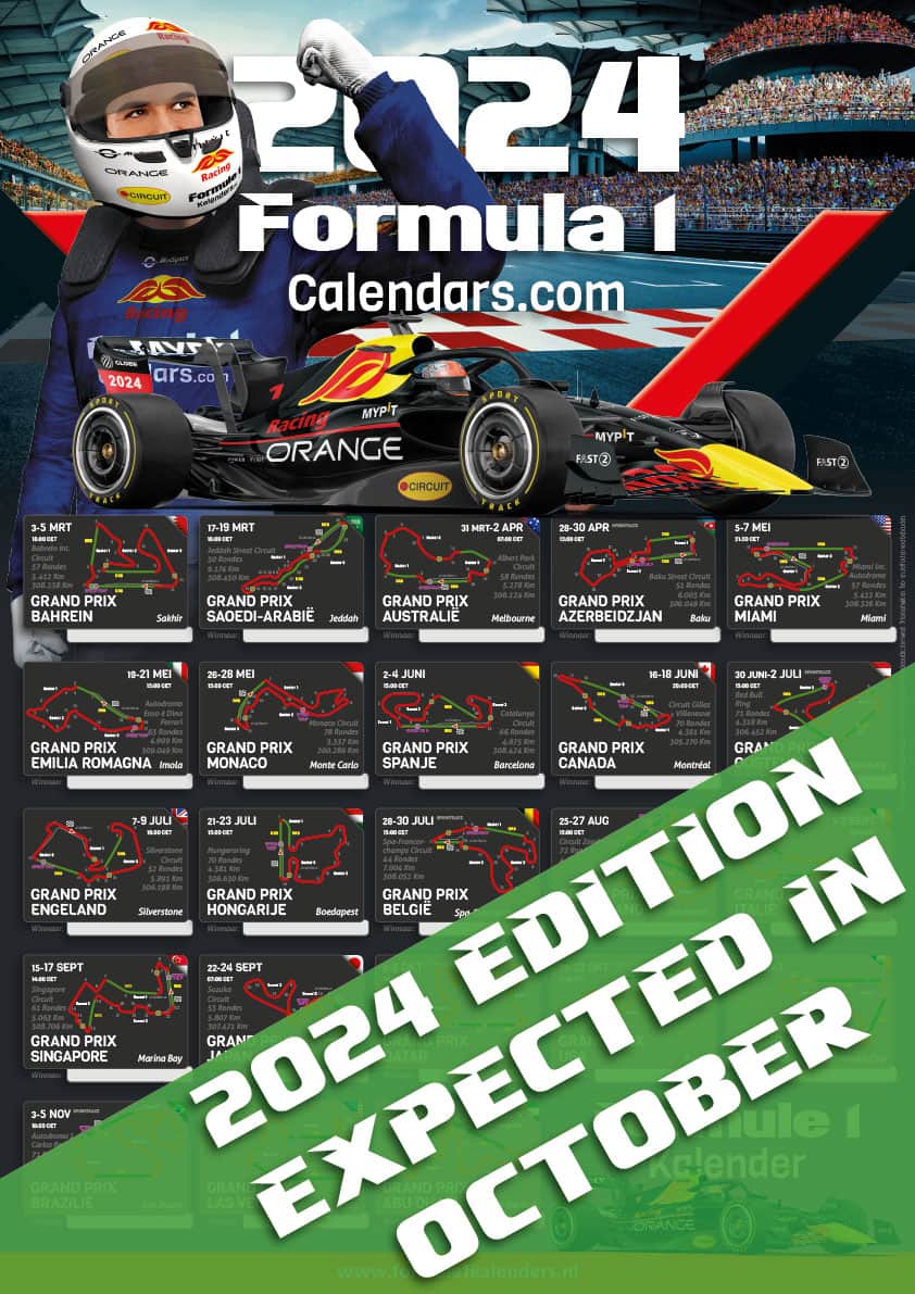 Formule 1 kalender | Poster F1 kalender met starttijden, circuitinfo