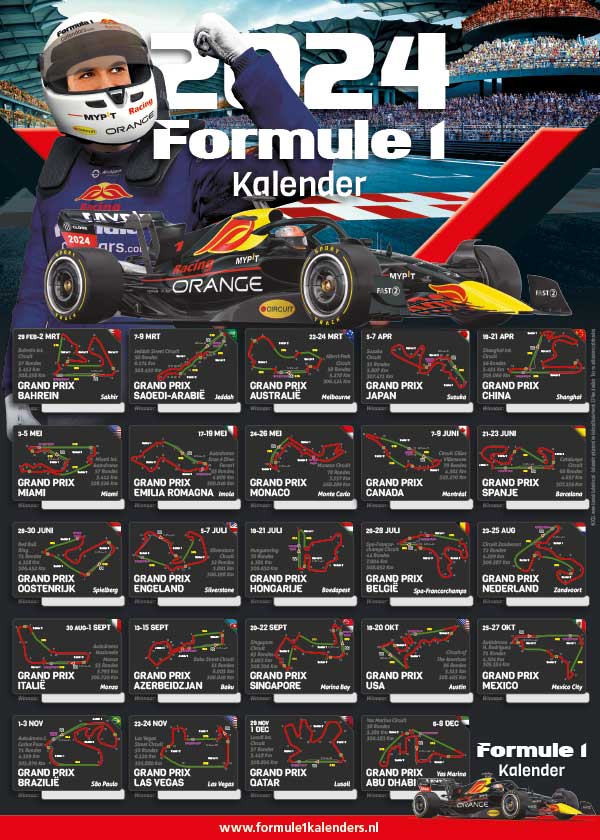 Formule 1 kalender | Poster F1 kalender met starttijden, circuitinfo