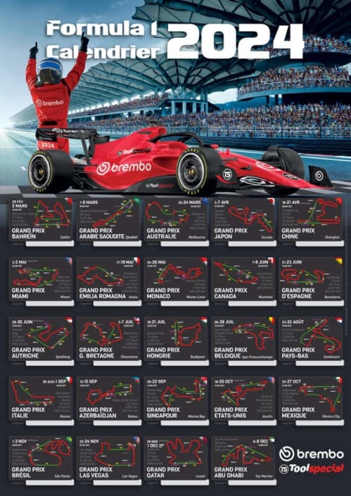 Formula 1 calendars | Poster F1 calendar with start times and track info