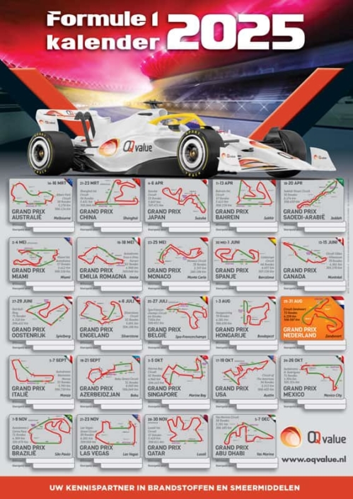 Formula 1 calendars | Poster F1 calendar with start times and track info